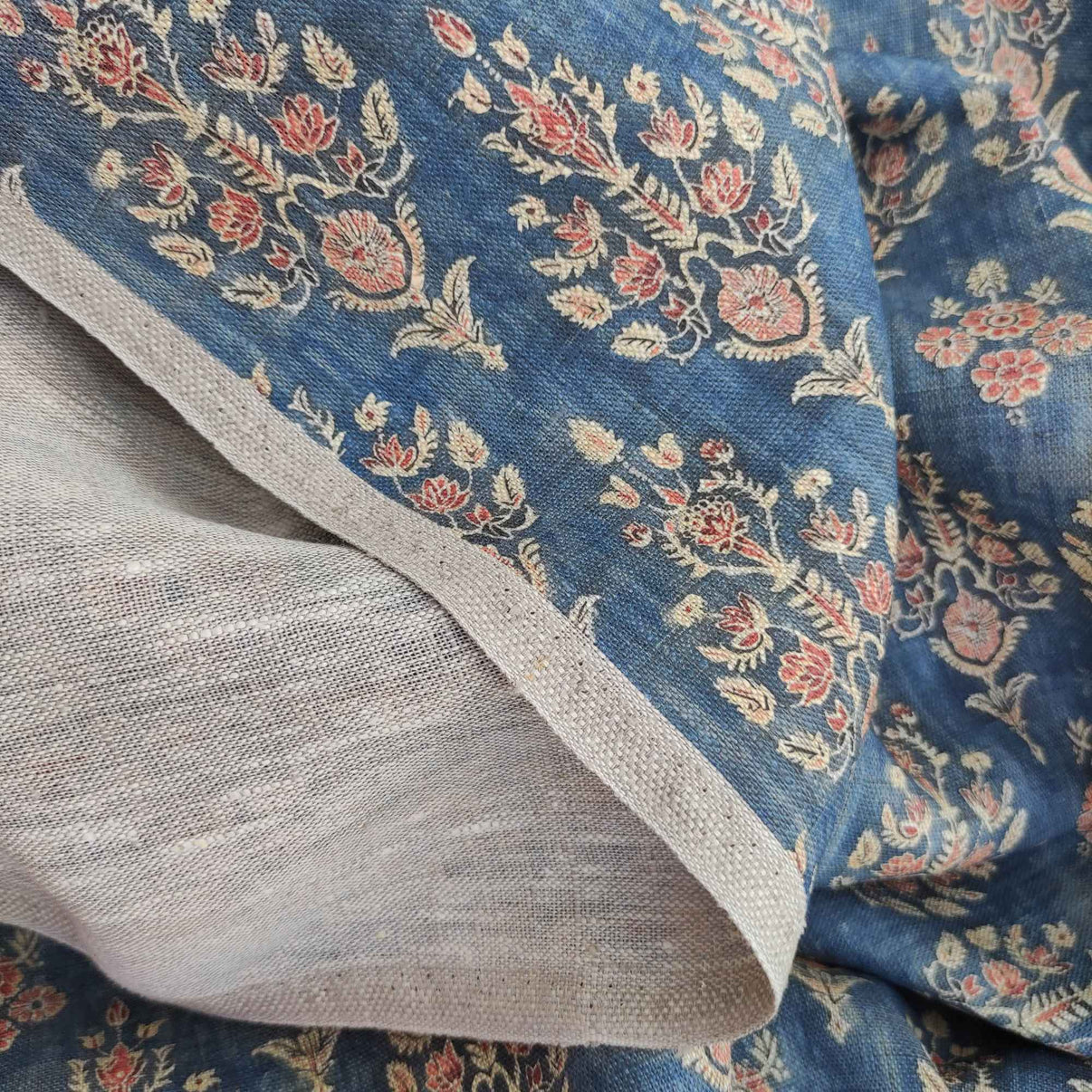 Floral linen fabric with colorfull block print on oatmeal linen LL322P ...