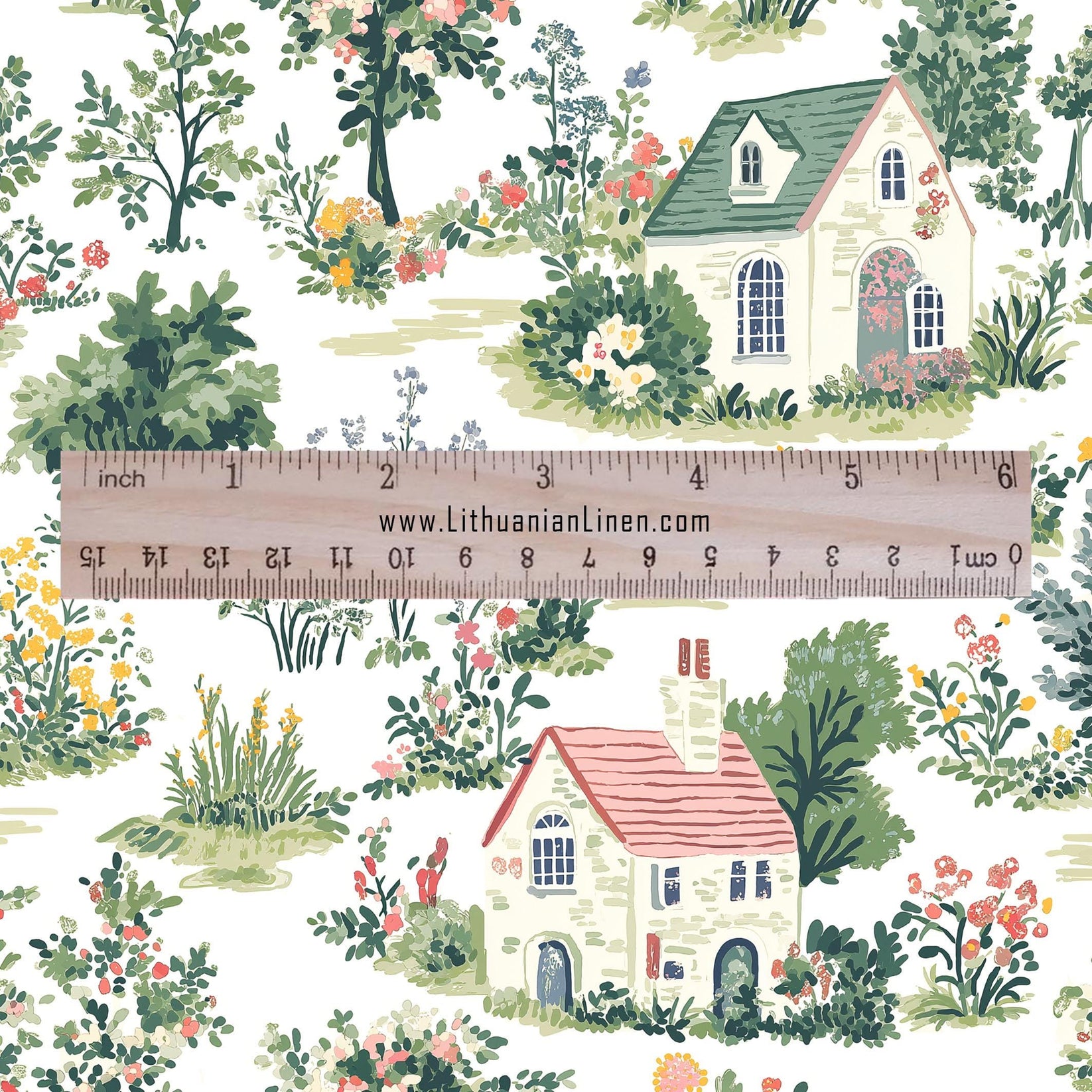 100% LINEN Fabric Houses print linen - VIllage print fabric for ...