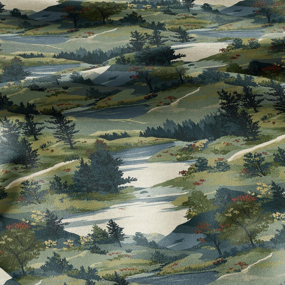 100% LINEN Fabric Scandinavian forest scenery - greenlandscape print ...